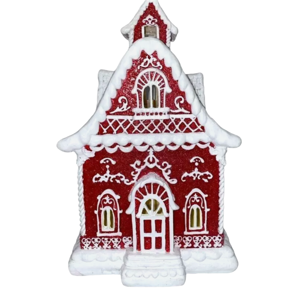 Christmas Red 14" Victorian LED Village Icing Resin GINGERBREAD HOUSE ...